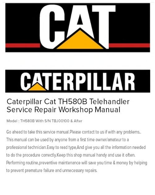 Caterpillar Cat TH580B Telehandler Service Repair Workshop Manual