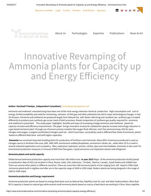 Innovative Revamping of Ammonia plants for Capacity up and Energy ... Innovative Revamping of Ammonia plants for Capacity up and Energy ...