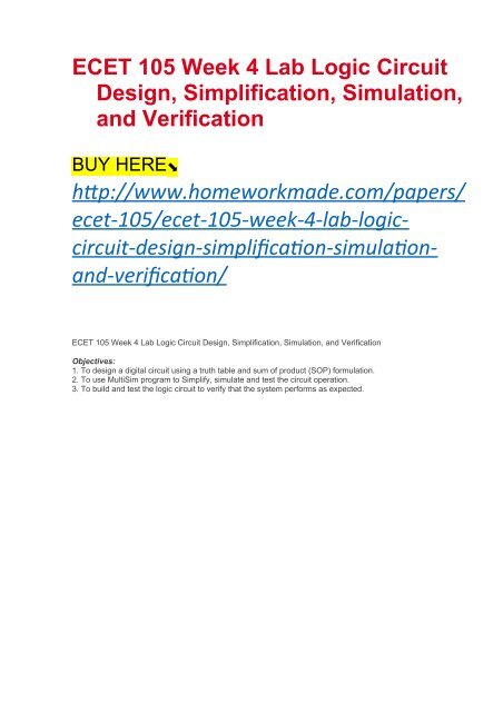 ECET 105 Week 4 Lab Logic Circuit Design, Simplification, Simulation, and Verification