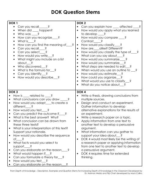DOK Question Stems DOK Question Stems