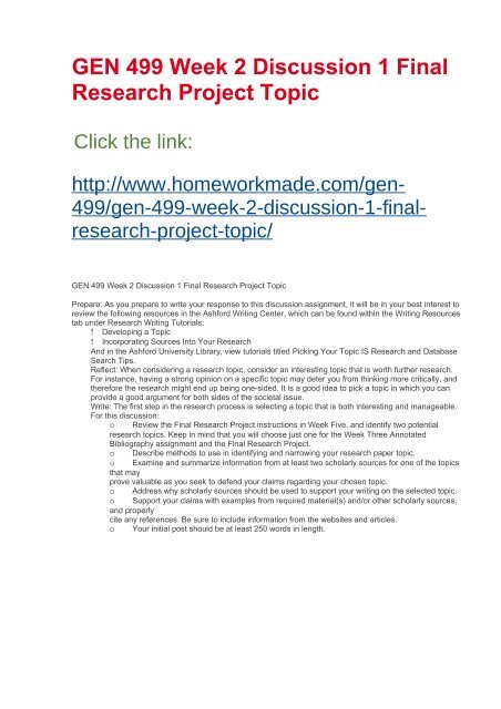 GEN 499 Week 2 Discussion 1 Final Research Project Topic