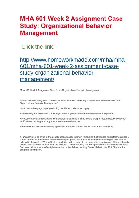 MHA 601 Week 2 Assignment Case Study- Organizational Behavior Management