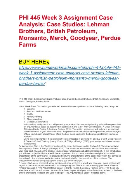 PHI 445 Week 3 Assignment Case Analysis- Case Studies- Lehman Brothers, British Petroleum ...