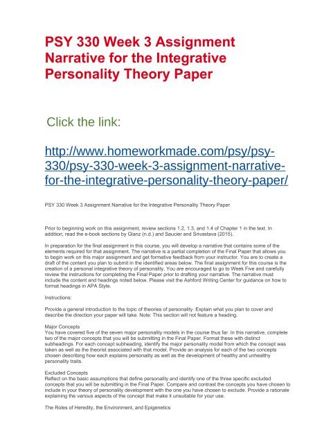 PSY 330 Week 3 Assignment Narrative for the Integrative Personality ...
