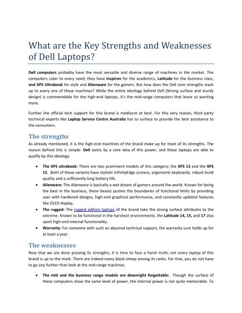 What are the key Strengths and weaknesses Dell Laptops