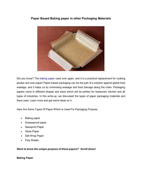 Paper Based Baking paper in other Packaging Materials