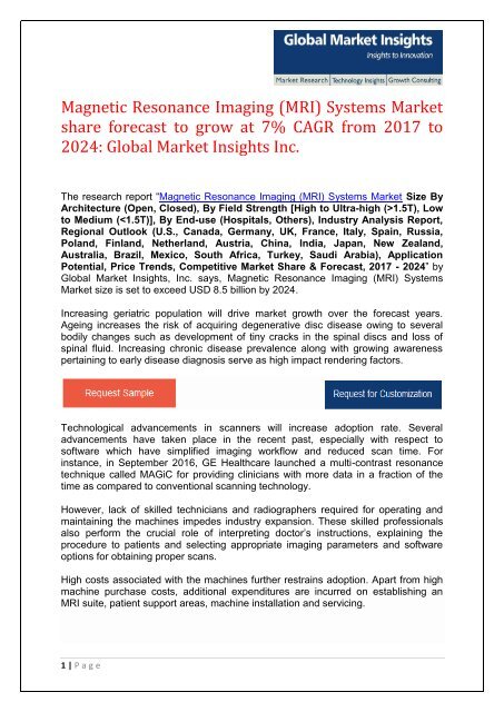 Magnetic Resonance Imaging (MRI) Systems Market to reach $8.5 bn by 2024