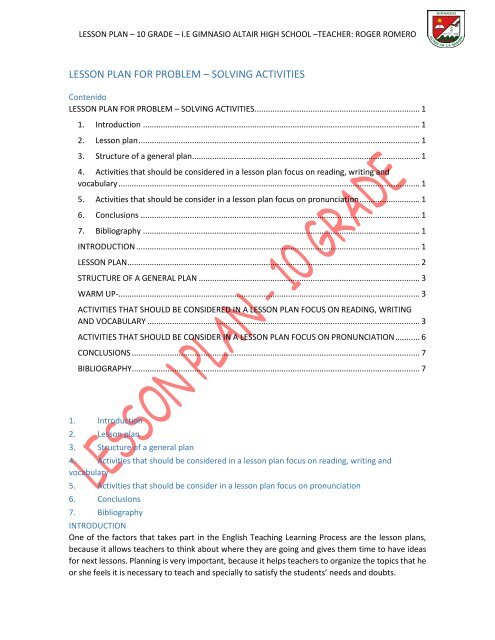 LESSON PLAN FOR PROBLEM