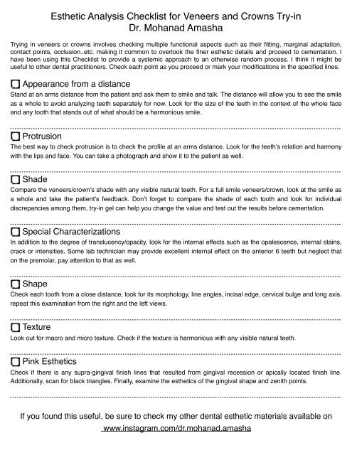 Esthetic Analysis Checklist for Veneers and Crowns Try-in