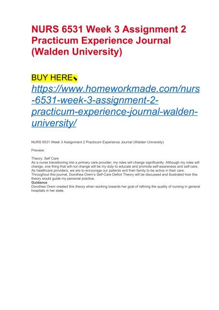 NURS 6531 Week 3 Assignment 2 Practicum Experience Journal (Walden ...