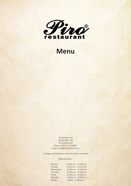 Restaurant Piro Menu