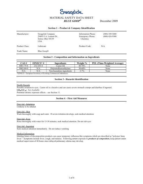 Material Safety Data Sheet: Blue Goop
