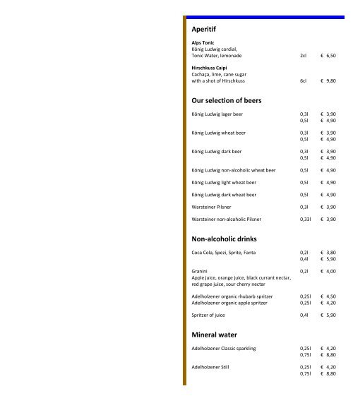 Food and beverage menu