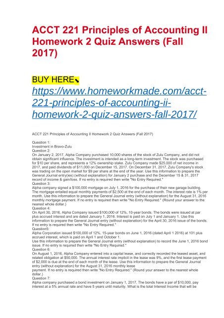 ACCT 221 Principles of Accounting II Homework 2 Quiz Answers (Fall 2017)