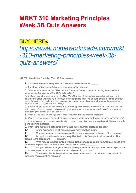 MRKT 310 Marketing Principles Week 3B Quiz Answers