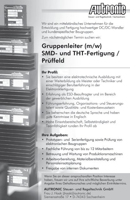 Gruppenleiter (m/w) SMD- und THT-Fertigung ... - Autronic Steuer