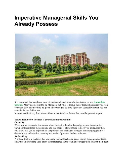 Imperative Managerial Skills You Already Possess Imperative Managerial Skills You Already Possess