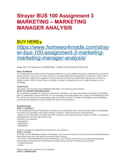 Strayer BUS 100 Assignment 3 MARKETING – MARKETING MANAGER ANALYSIS