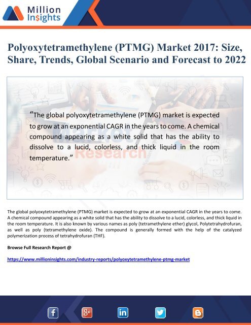 Polyoxytetramethylene (PTMG) Market 2017 Size, Share, Trends, Global ...