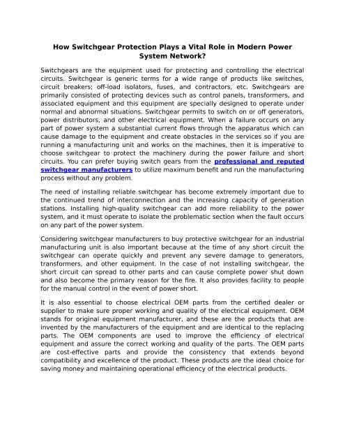 How Switchgear Protection Plays a Vital Role in Modern Power System ...