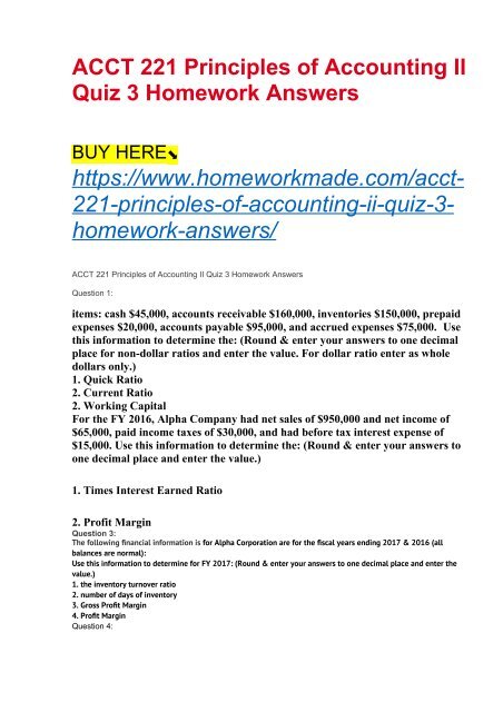 ACCT 221 Principles of Accounting II Quiz 3 Homework Answers