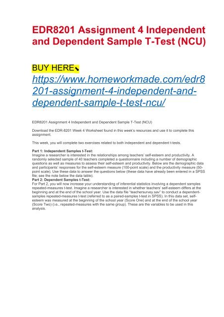 EDR8201 Assignment 4 Independent and Dependent Sample T-Test (NCU)
