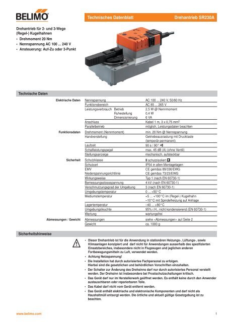 Technisches Datenblatt Drehantrieb SR230A - Belimo
