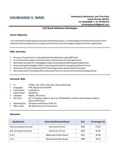 Shubhangi Wani Resume 2017