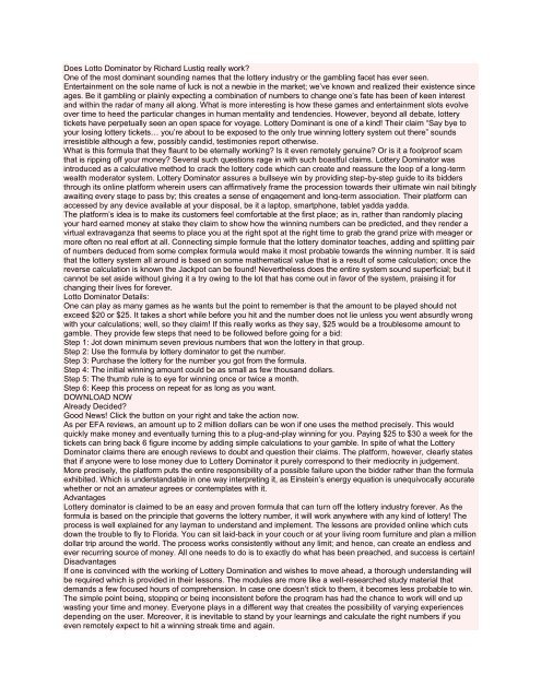 Does Lotto Dominator by Richard Lustig really work?