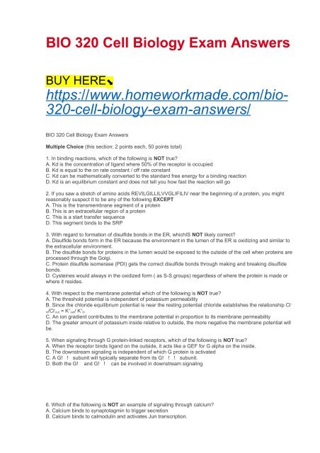 BIO 320 Cell Biology Exam Answers