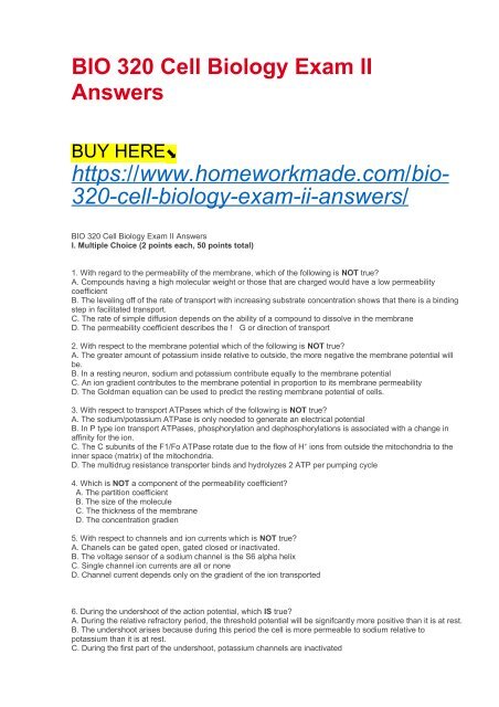 BIO 320 Cell Biology Exam II Answers