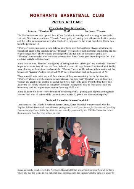 press release - Northants Basketball Club