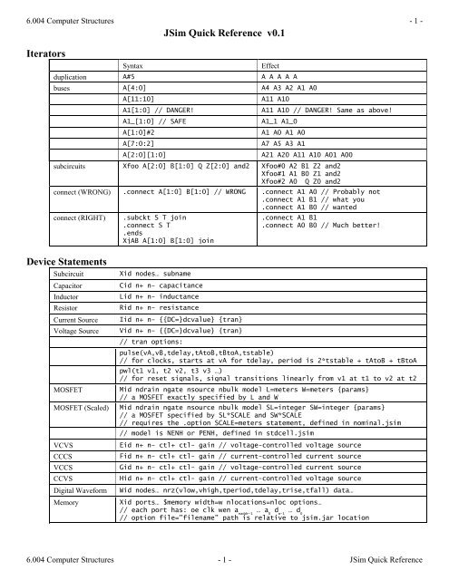 JSim Quick Reference v0.1 Iterators Device Statements - 6.004