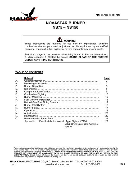 NOVASTAR BURNER NS75 – NS150 - Hauck Manufacturing