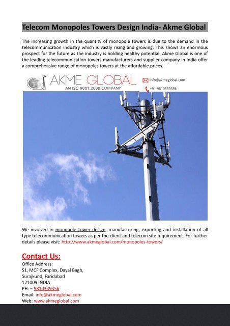 Telecom Monopoles Towers Design India- Akme Global