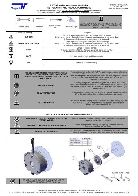 LIFT DB - INSTALLATION AND REGULATION MANUAL