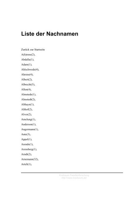 Liste der Nachnamen - auf Kreibaum.de