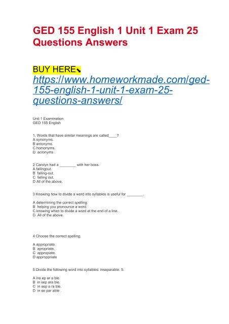 GED 155 English 1 Unit 1 Exam 25 Questions Answers