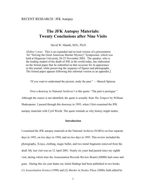 The JFK Autopsy Materials: Twenty Conclusions after Nine Visits