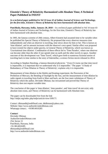 Einstein's Theory of Relativity Harmonized with Absolute Time; A ...