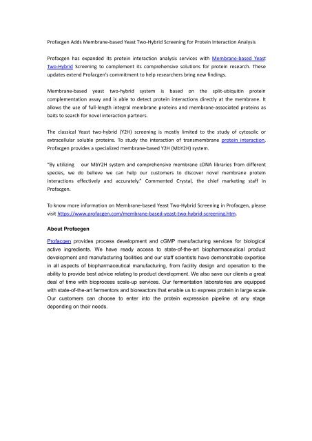 Profacgen Adds Membrane-based Yeast Two-Hybrid Screening for Protein Interaction Analysis