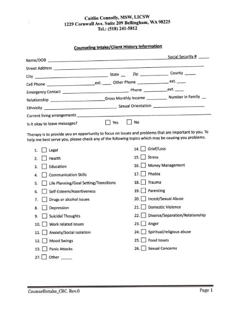 Counseling Intake-Client History Information