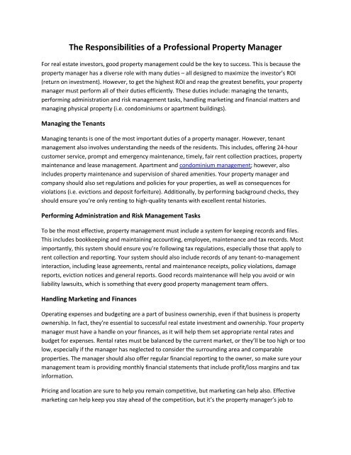 The Responsibilities of a Professional Property Manager