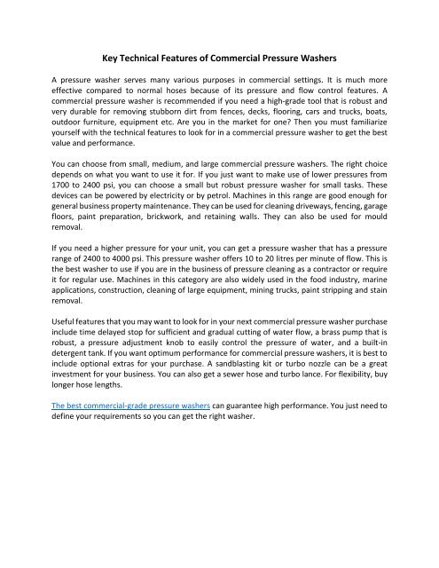 Key Technical Features of Commercial Pressure Washers