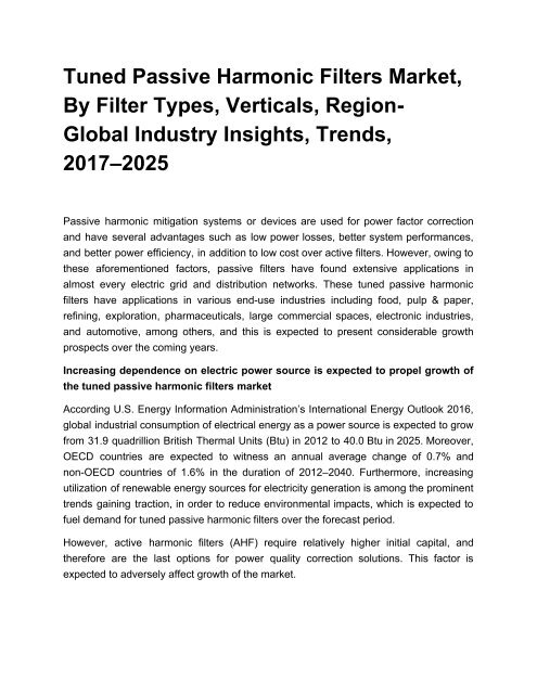 Tuned Passive Harmonic Filters Market