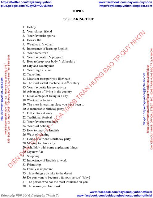 Topics for speaking test (Các chủ đề và bài mẫu cho kỳ thi nói trong ...