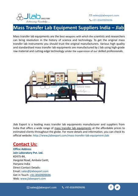 Mass Transfer Lab Equipment Suppliers India – Jlab