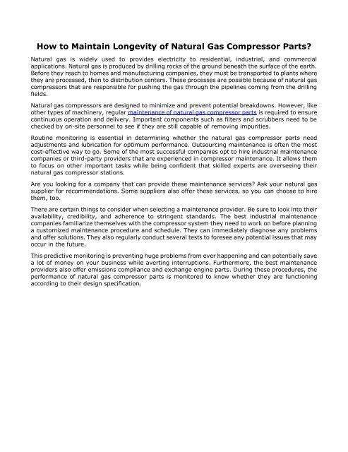 How to Maintain Longevity of Natural Gas Compressor Parts