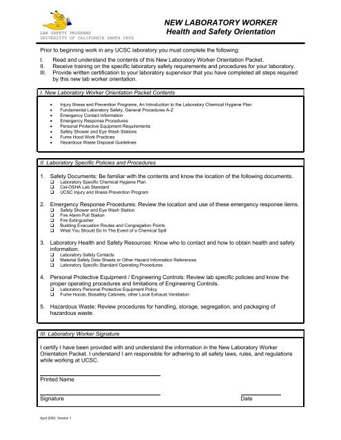 NEW LABORATORY WORKER Health and Safety Orientation