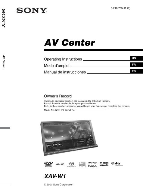 Sony XAV-W1 - XAV-W1 Consignes d’utilisation Français